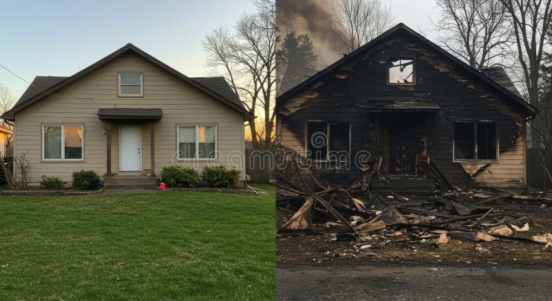 Before and after House Fire Damage a Split Image Showcasing a House ...