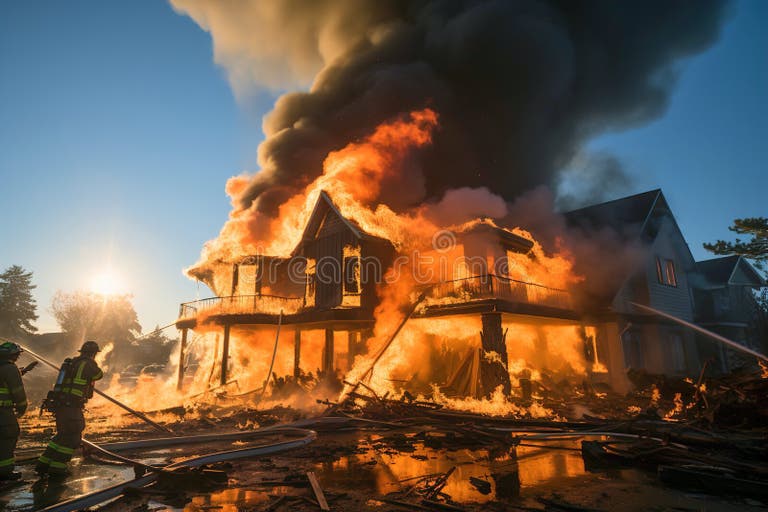 A House on Fire with Firemen in Front of it. a Burning House in Flames ...