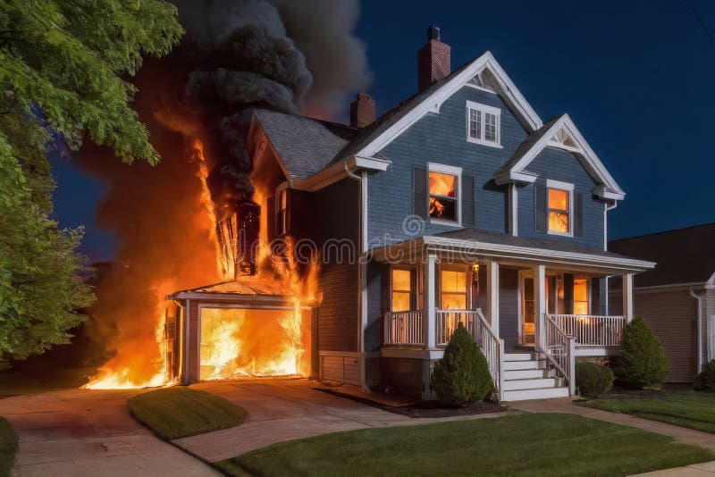 A House is on Fire and the Flames are Visible from the Street Stock ...