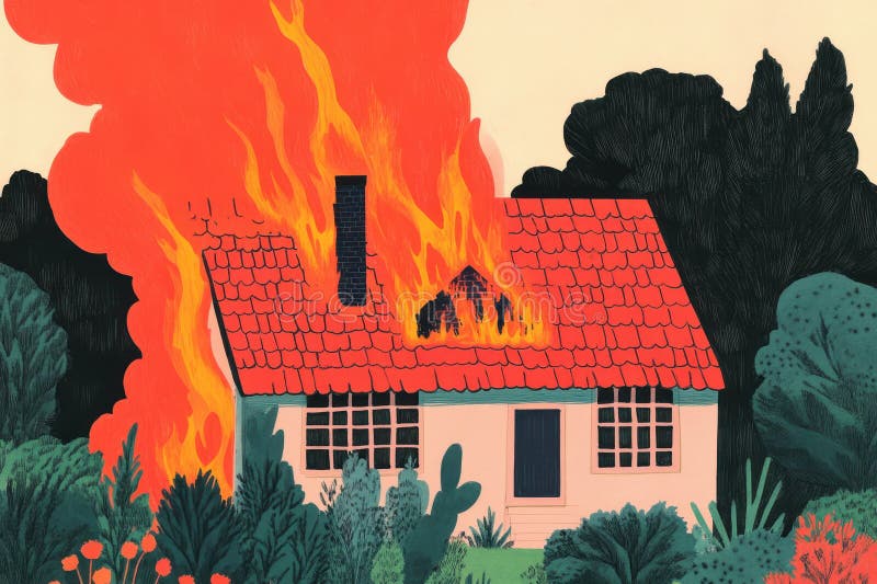 House on Fire Illustration with Dramatic Flames and Lush Surroundings ...
