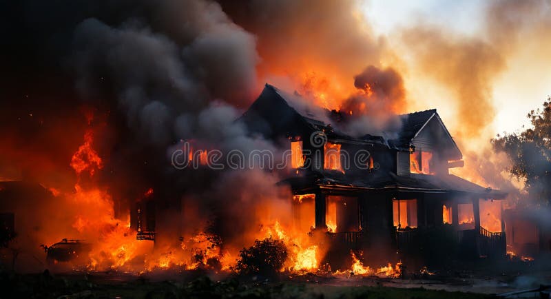 House on Fire with Intense Flames and Black Smoke Stock Illustration ...