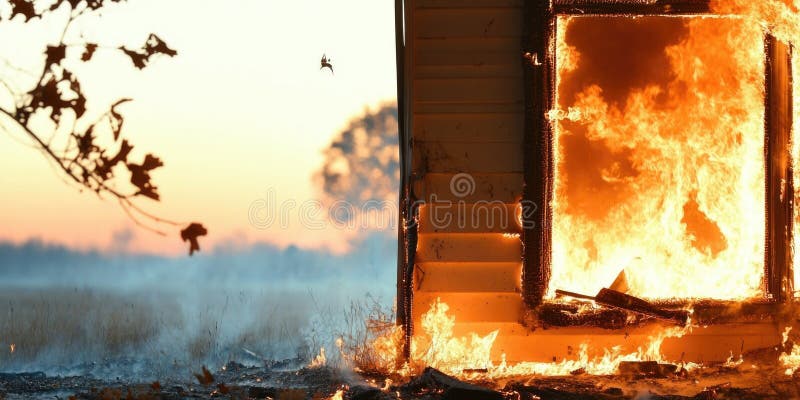 House on Fire with Intense Flames at Sunset in Rural Area Stock Image ...