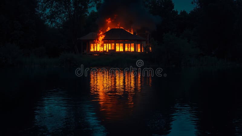 A House on Fire in the Middle of a Lake at Night Stock Photo - Image of ...