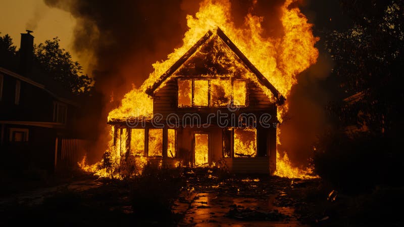 A House on Fire in the Middle of a Residential Area Stock Illustration ...