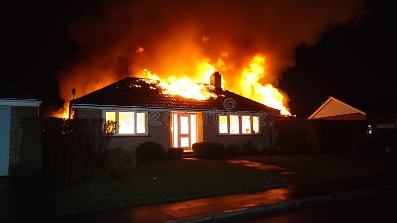 A House on Fire at Night with the Lights on Stock Image - Image of ...