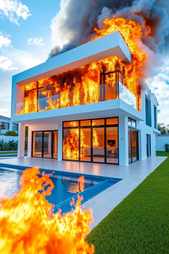 A House on Fire with a Pool in Front of it Stock Image - Image of ...