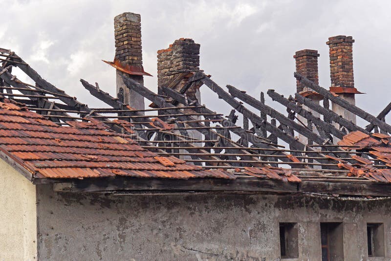 House fire roof stock image. Image of planks, tiles - 199979451