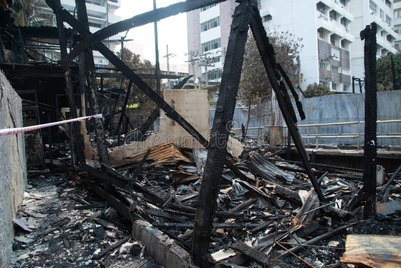 House on Fire in a Village, Rubble after the Fire. Editorial Stock ...
