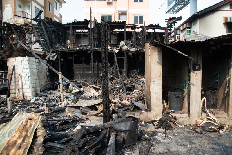 House on Fire in a Village, Rubble after the Fire. Editorial Stock ...