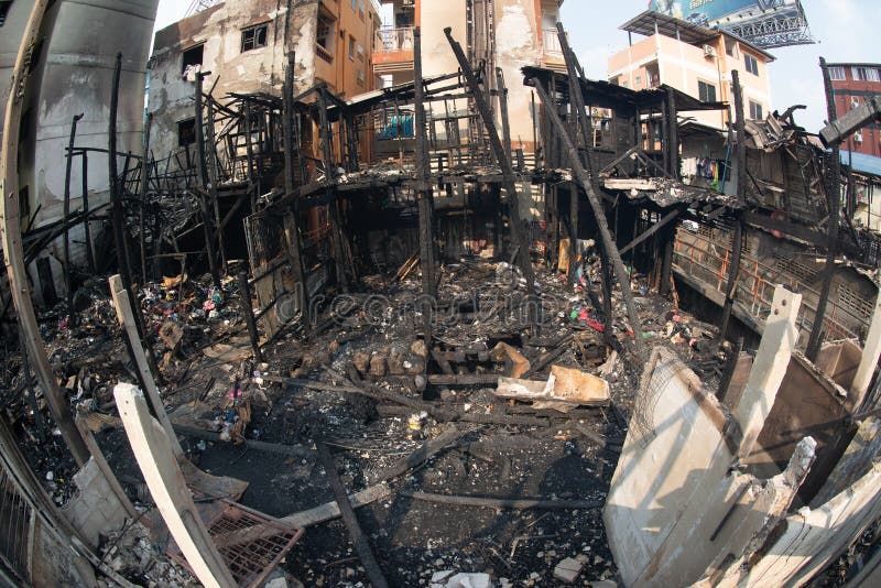 House on Fire in a Village, Rubble after the Fire. Editorial ...