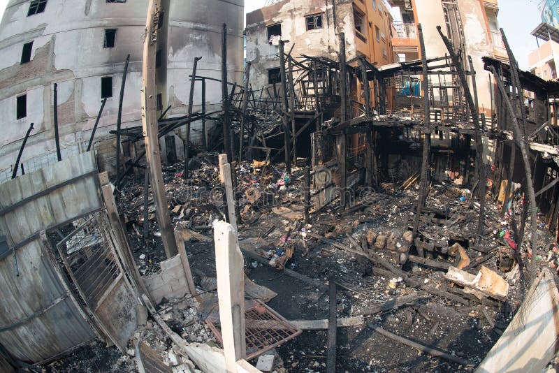 House on Fire in a Village, Rubble after the Fire. Editorial Image ...