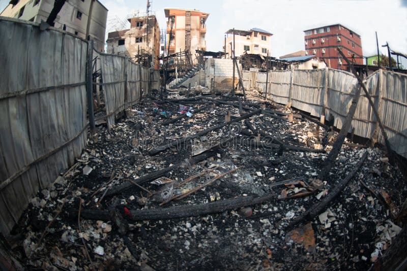 House on Fire in a Village, Rubble after the Fire. Editorial ...