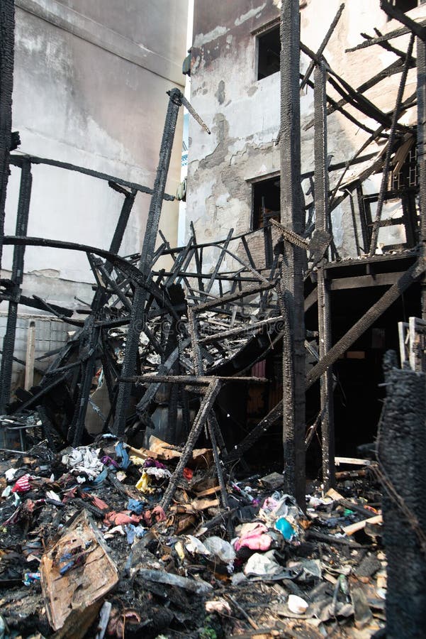 House on Fire in a Village, Rubble after the Fire. Editorial ...