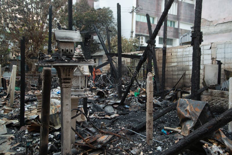 House on Fire in a Village, Rubble after the Fire. Editorial Photo ...