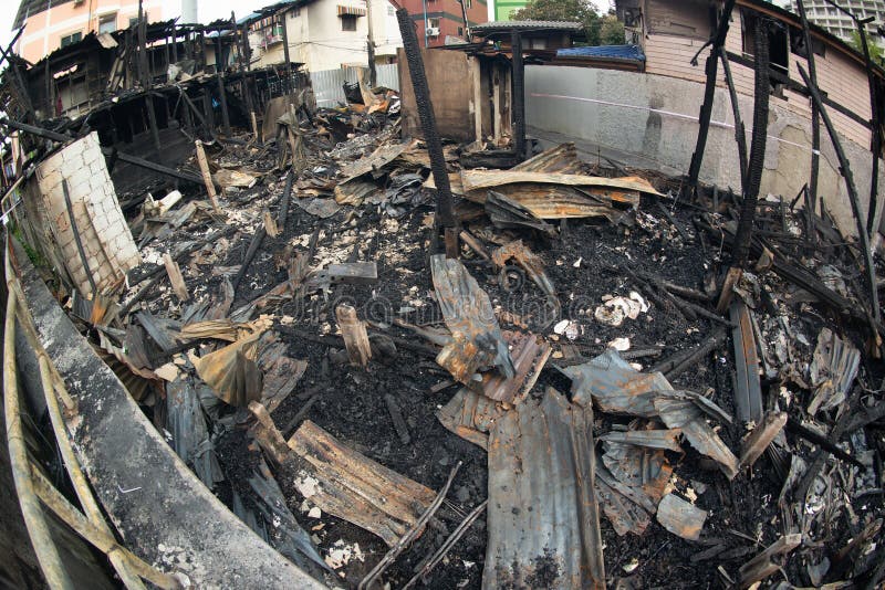 House on Fire in a Village, Rubble after the Fire. Editorial Stock ...