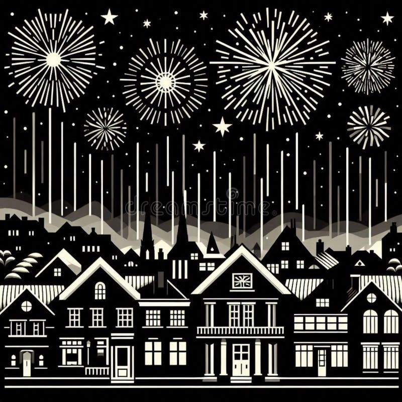 House and Fireworks Art Deco Style Stock Illustration - Illustration of ...