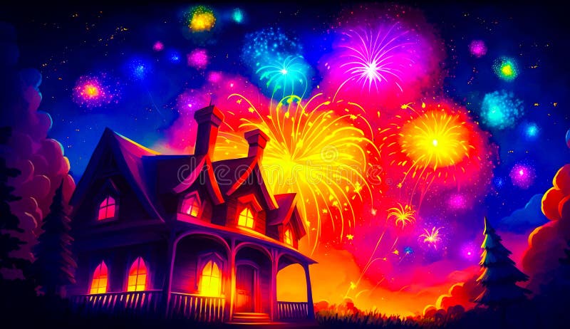 House with Fireworks in the Sky and Firework in the Background ...