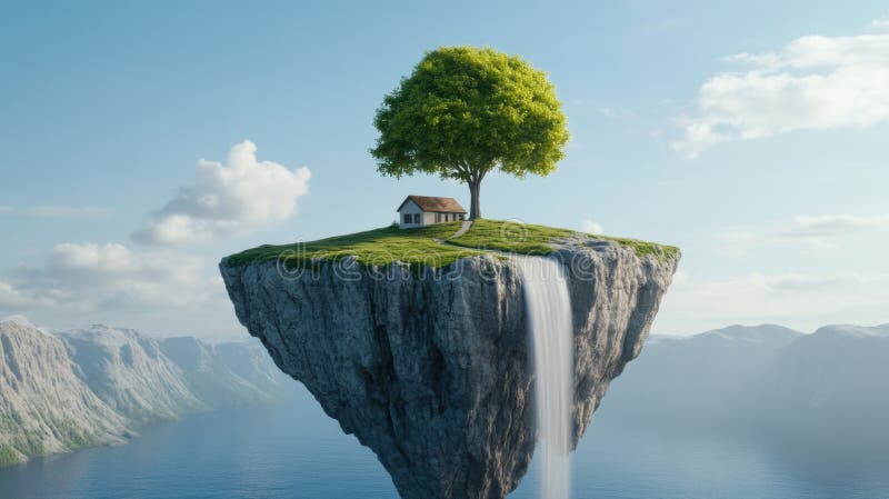 Floating Island House Tree Waterfall Sunset Stock Photos - Free ...
