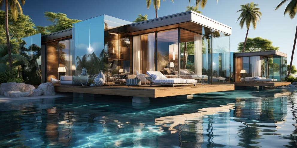 A House on a Floating Platform in the Middle of the Ocean. Stock Photo ...