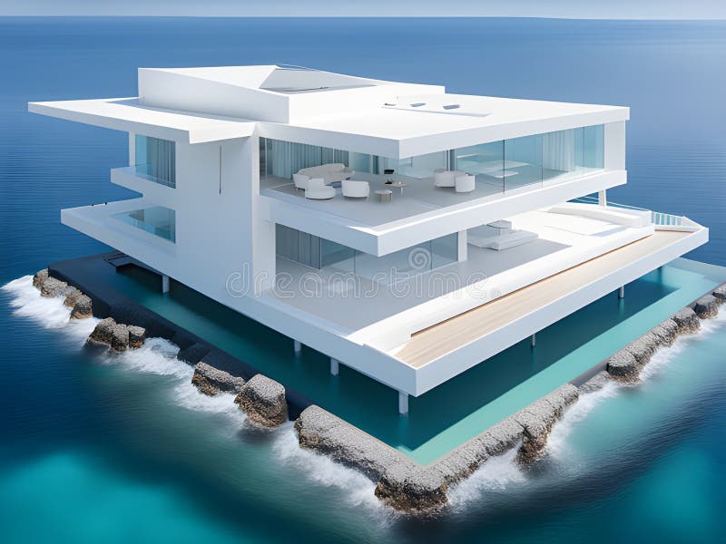 A House on a Floating Platform in the Ocean Stock Illustration ...