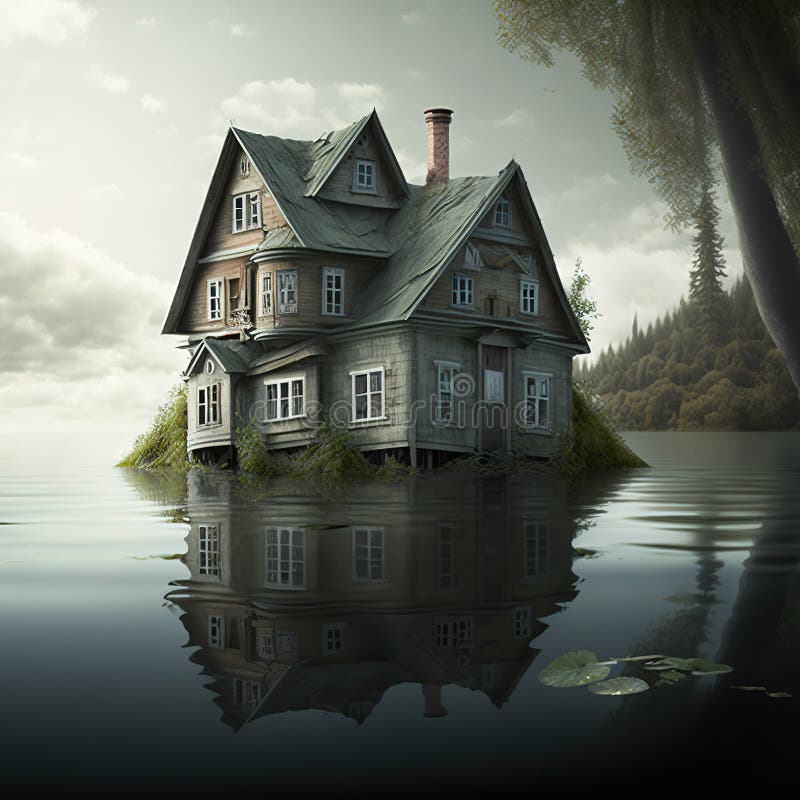 House floating in river. stock photo. Image of imaginative - 268472776