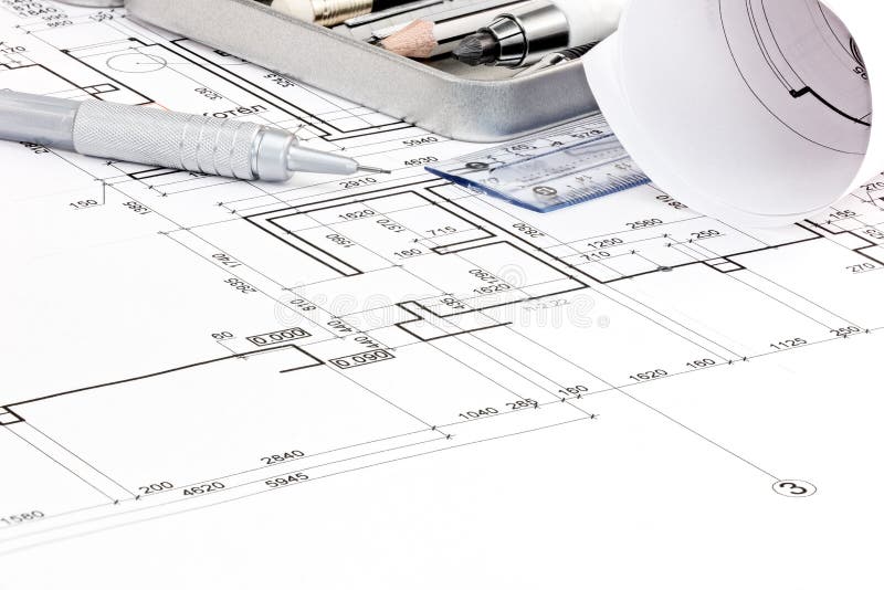 House Floor Plan Blueprints and Drawing Tools Closeup Stock Image ...