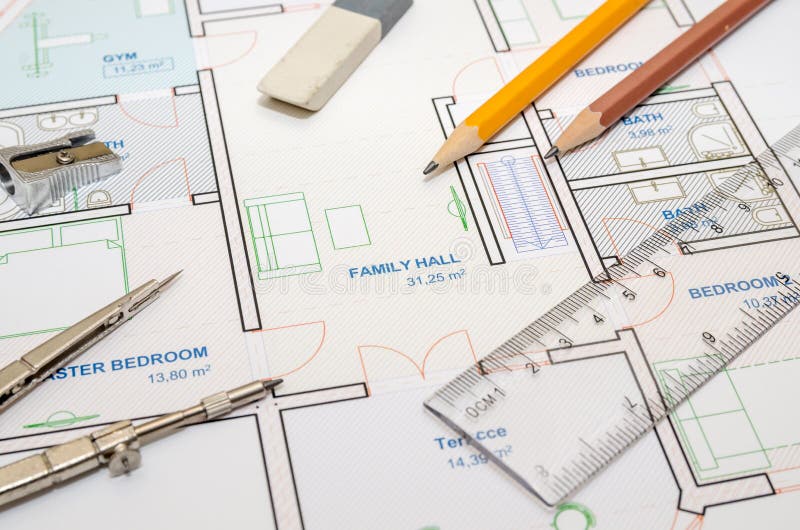 House Floor Plan with Drawing Compass Stock Photo - Image of compass ...