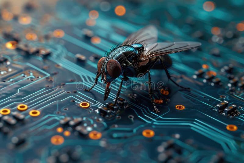 House Fly on the Computer Circuit Board. Spying Technology Concept ...