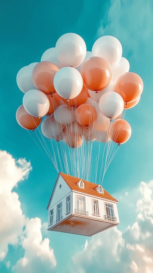 House Flying with Balloons in the Sky, AI Generated Stock Illustration ...