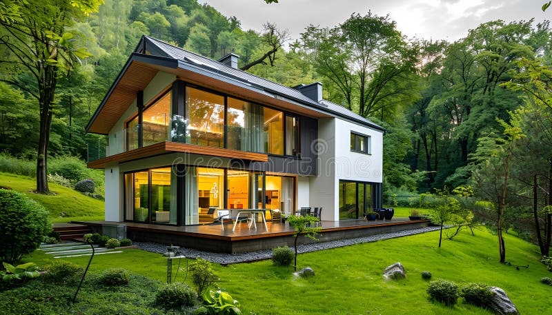 House in Forest with Greenery Around, Modern Energy Efficiency ...