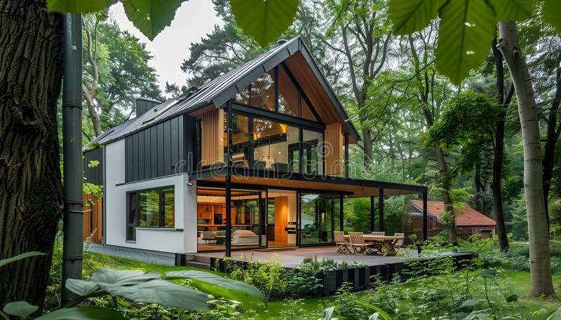 House in Forest with Greenery Around, Modern Energy Efficiency ...