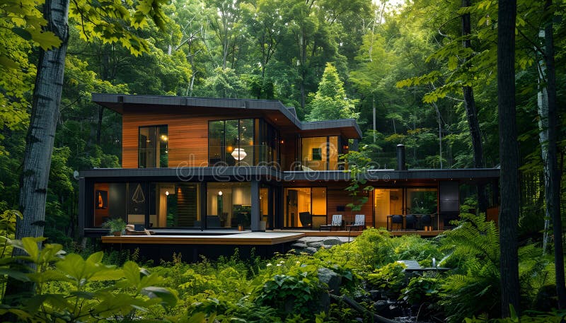 House in Forest with Greenery Around, Modern Energy Efficiency ...
