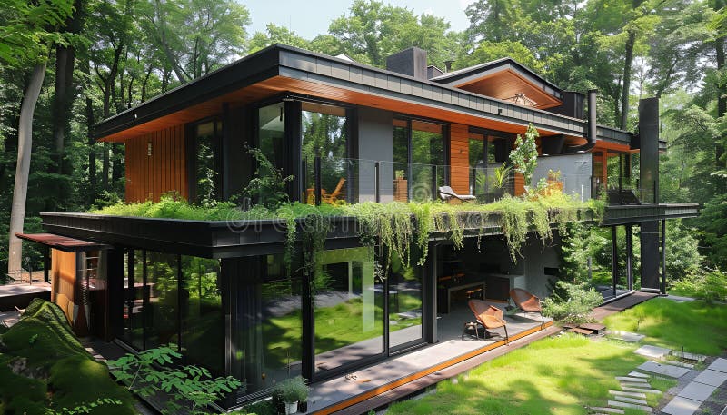 House in Forest with Greenery Around, Modern Energy Efficiency ...
