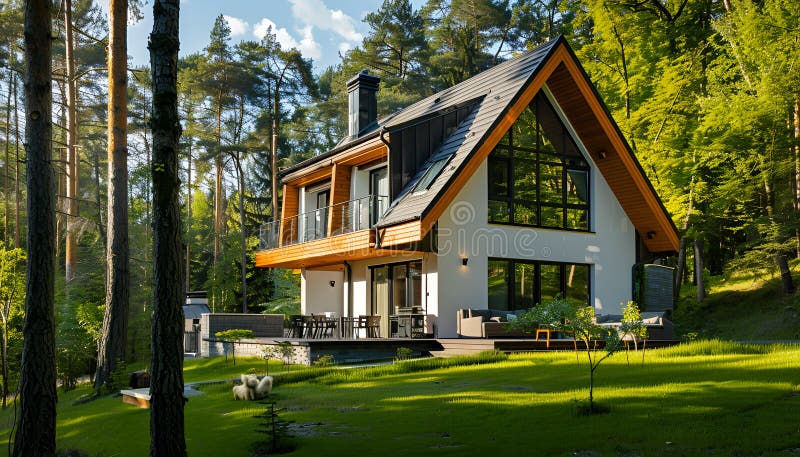 House in Forest with Greenery Around, Modern Energy Efficiency ...