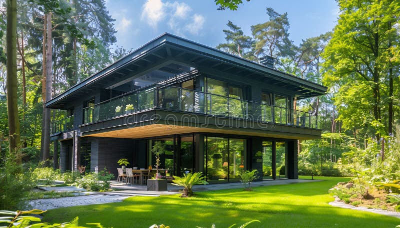 House in Forest with Greenery Around, Modern Energy Efficiency ...
