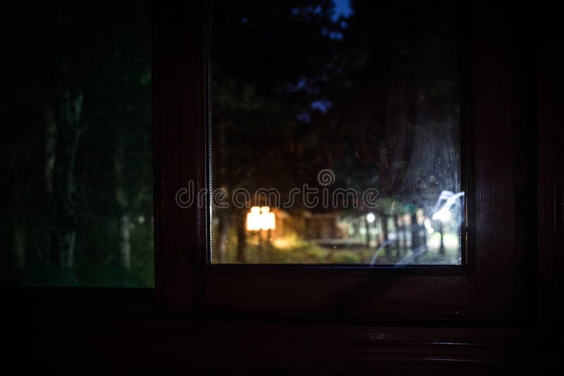 House in the Forest at Night. View from Window Stock Photo - Image of ...