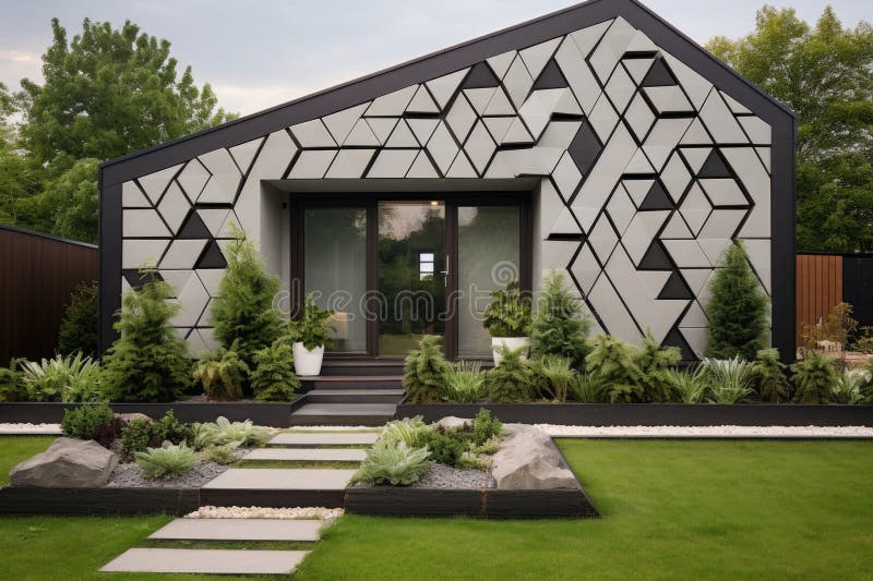 A House with a Geometric Patterned Facade and a Minimalist Garden Stock ...