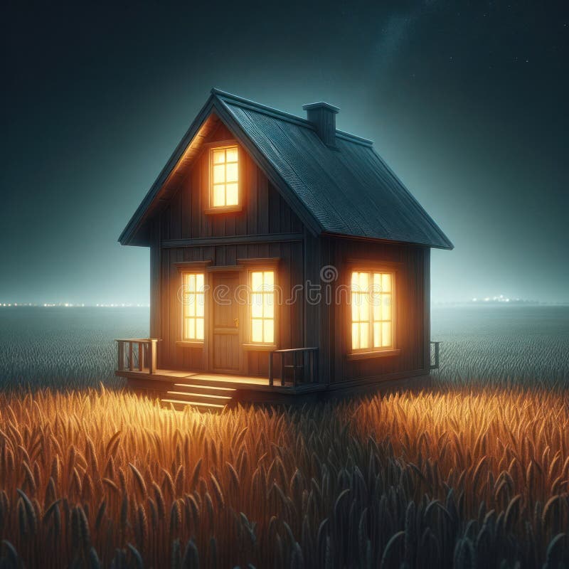 A House with Glowing Windows in the Middle of the Field. Stock ...