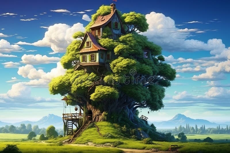 House Green Bush Tree Children Dream Illustration Stock Photos - Free ...