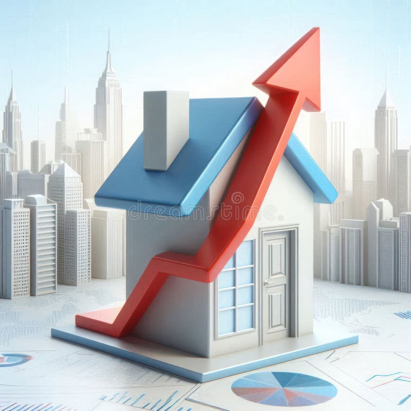 A House with a Growing Arrow Against the Background of the City. Stock ...