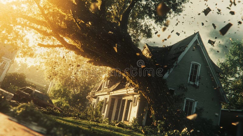 A House Has Been Destroyed by a Fallen Tree Stock Illustration ...