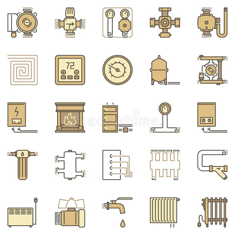 House Heating and Heaters Colored Concept Vector Icons Set Stock Vector ...