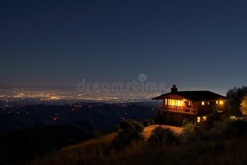 House on a Hilltop, City Lights in the Distant Night Stock Photo ...