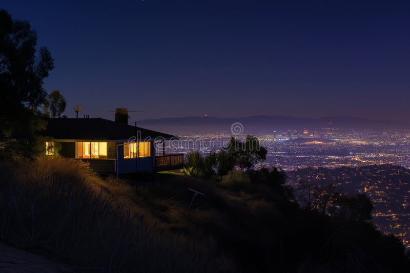 House on a Hilltop, City Lights in the Distant Night Stock Image ...