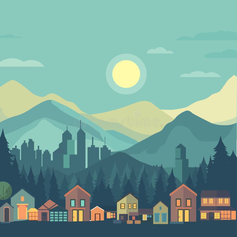 House Home Building with Mountain Nature View Flat Design Illustration ...