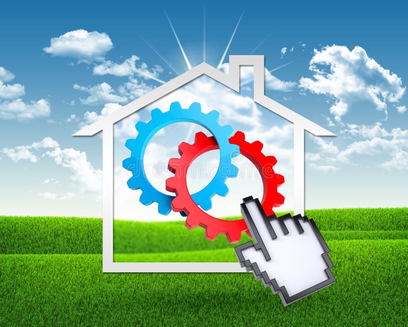 House Icon with Gears and Computer Hand Stock Illustration ...