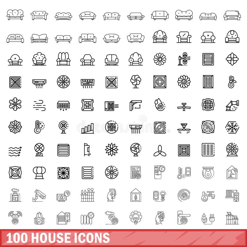 100 House Icons Set, Outline Style Stock Vector - Illustration of ...