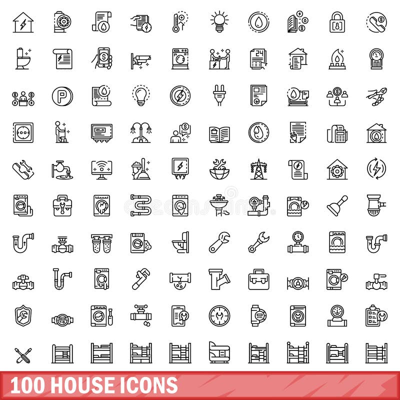 100 House Icons Set, Outline Style Stock Vector - Illustration of water ...