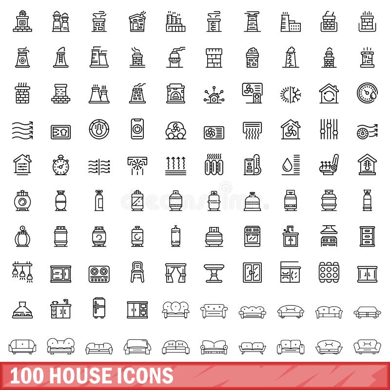 100 House Icons Set, Outline Style Stock Illustration - Illustration of ...