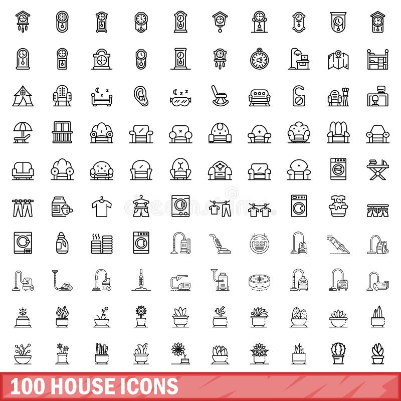 100 House Icons Set, Outline Style Stock Illustration - Illustration of ...